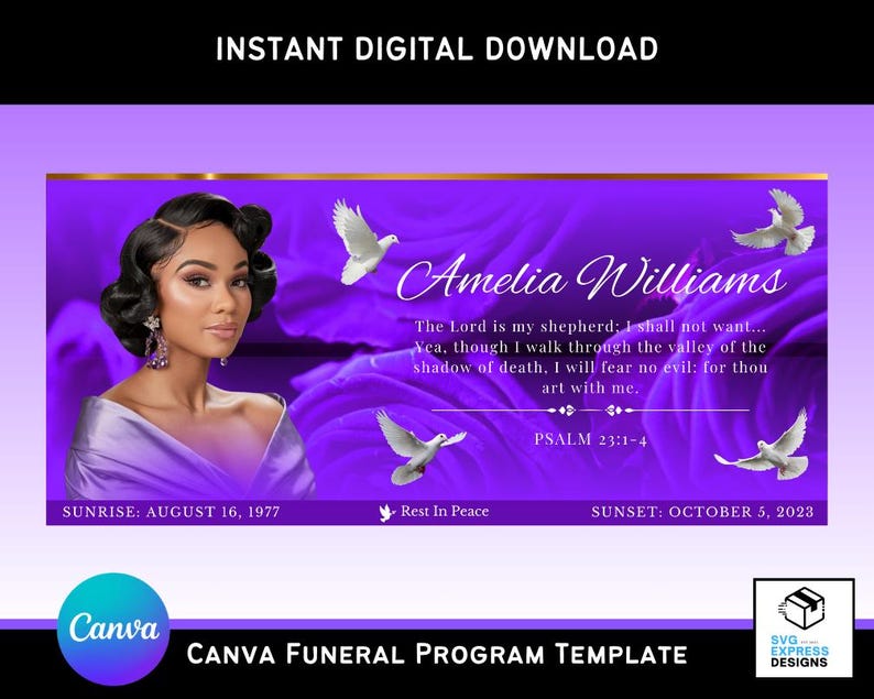 Violet Roses Funeral Casket Panel Template: Editable Memorial Design ...