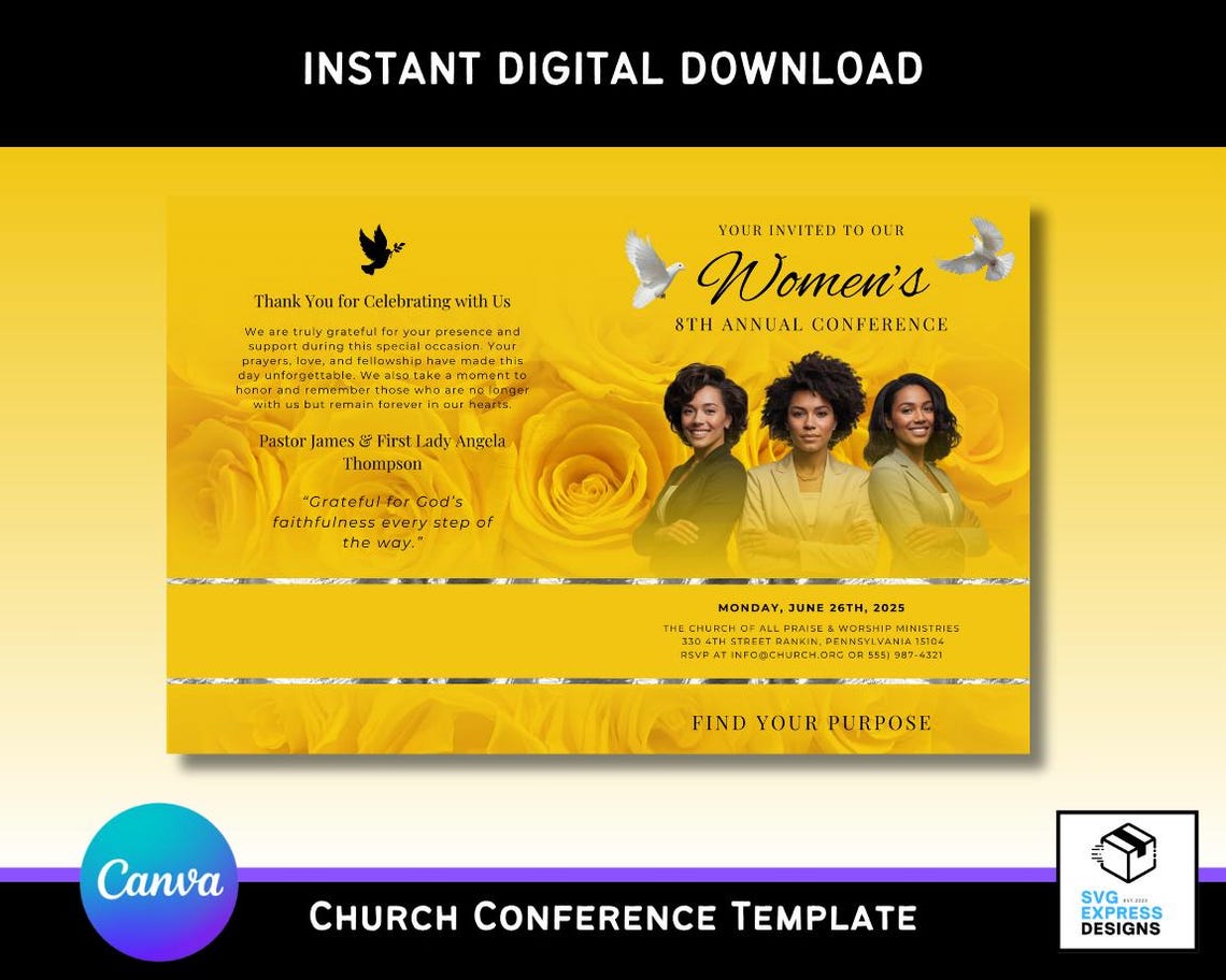 Yellow Rose Church Conference Program Template: Editable Canva Bi-fold ...