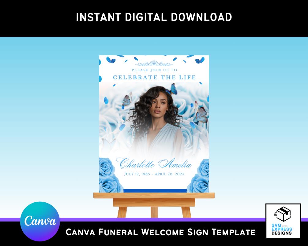 Light Blue Funeral Welcome Sign Template for Canva – Elegant Memorial ...