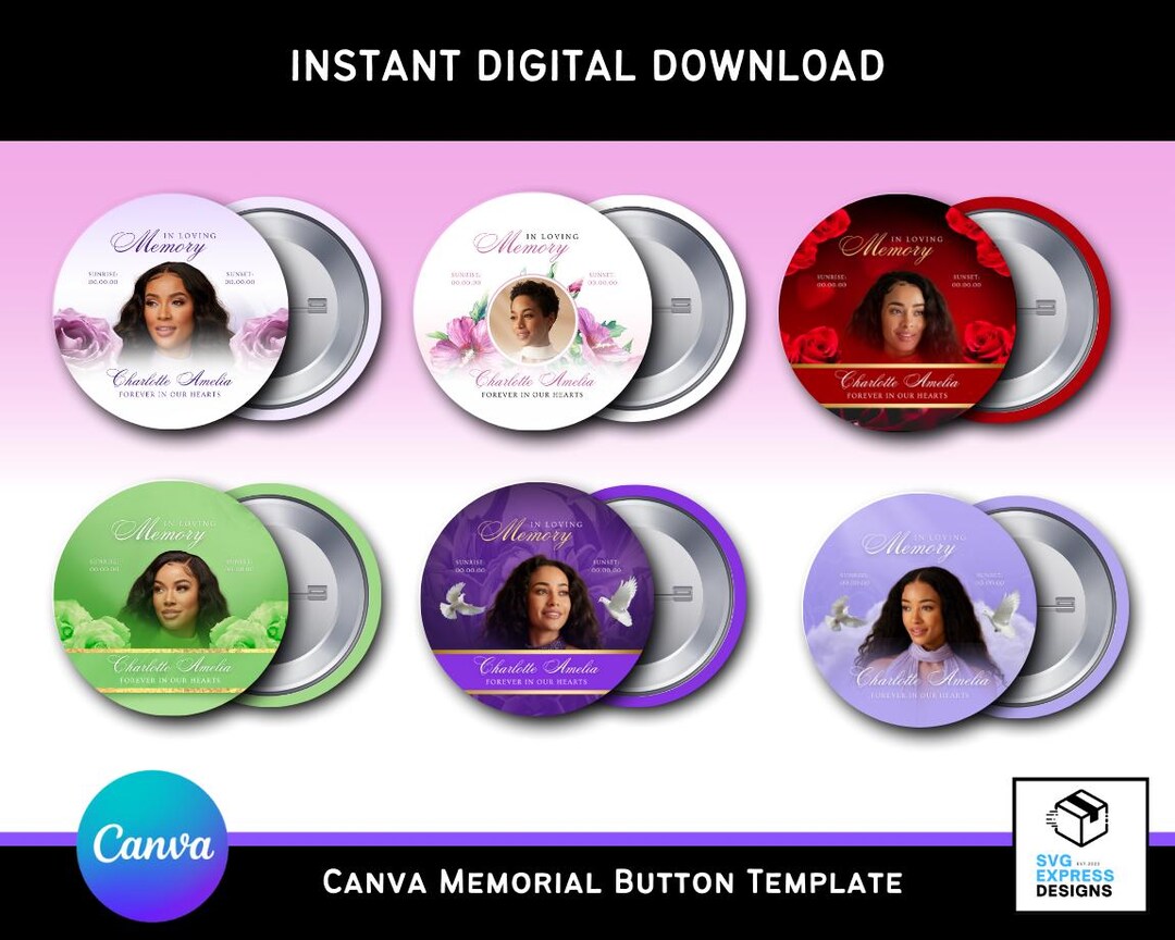30 Editable Memorial Button Bundle Template | Canva RIP Keepsake | 3x3 ...