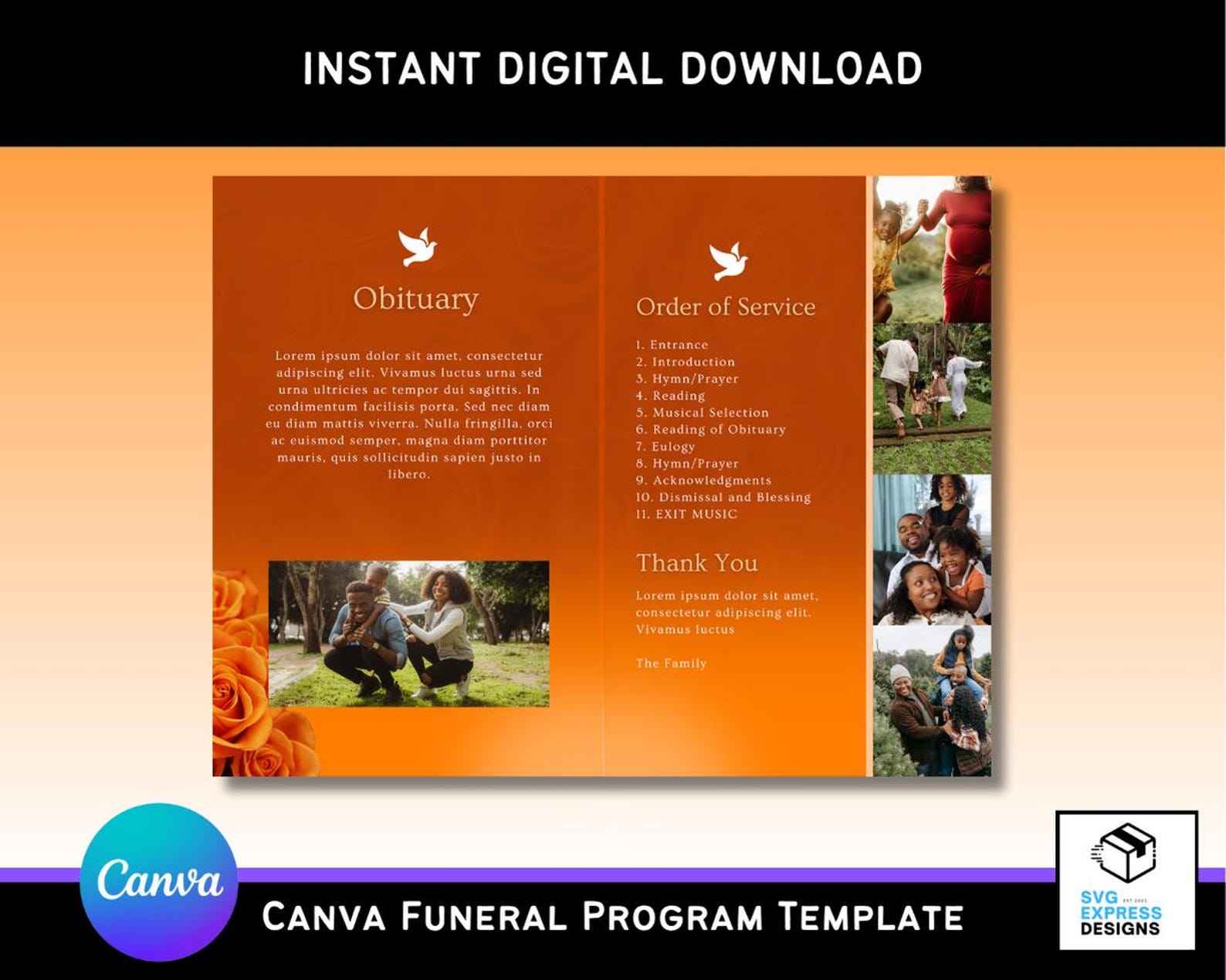 Orange Canva Funeral Program Template – Elegant Bi-fold Brochure (11x8 ...