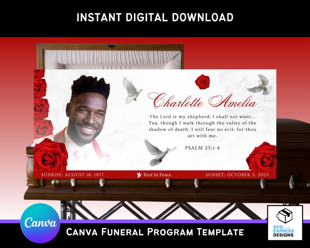 Funeral Casket Panel Template: Red & White Memorial Design (31x14 In ...