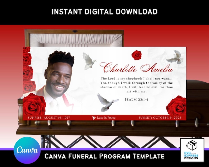 Funeral Casket Panel Template: Red & White Memorial Design (31x14 In ...