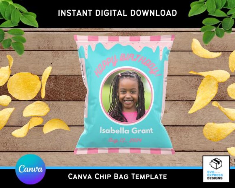 Pink & Baby Blue Ice Cream Chip Bag Template, Party Decorations - Easy ...