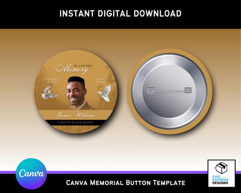 Editable Gold and Black Memorial Button Template | Canva RIP Keepsake ...