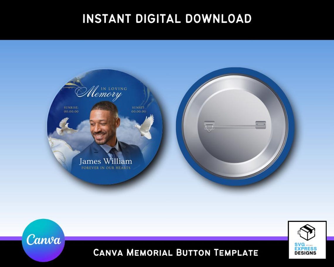 Editable Blue Marble Memorial Button Template | Canva RIP Keepsake ...