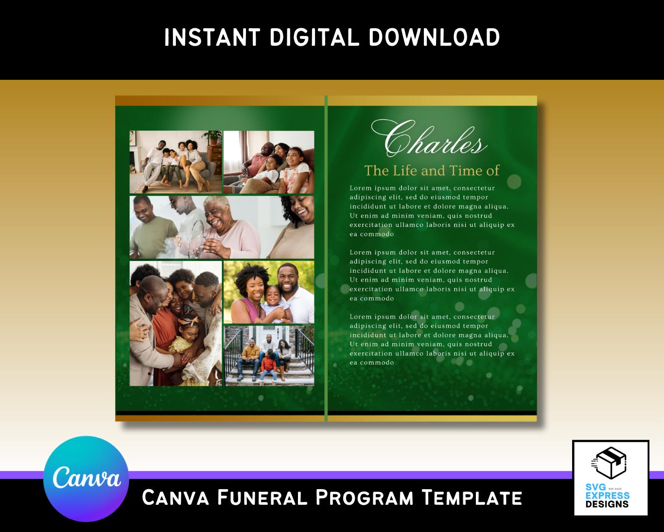 Emerald Green Canva Funeral Program Template - Classic Green Roses Bi ...