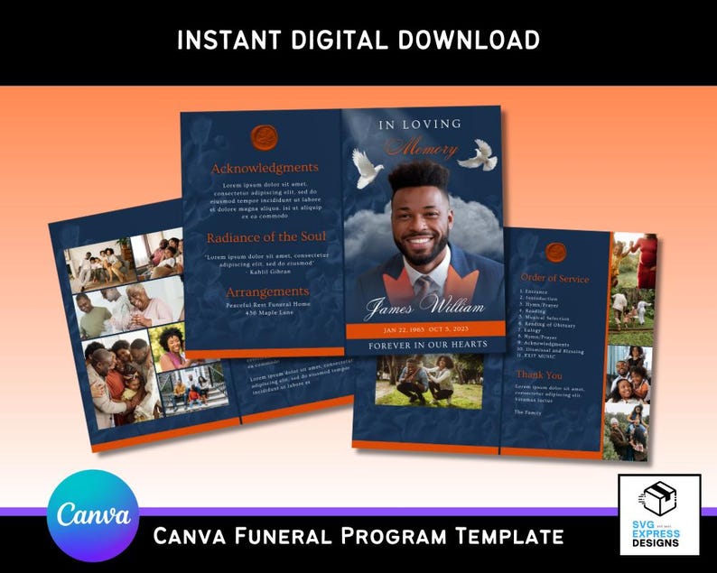 Navy & Burnt Orange Funeral Program Template: Bi-fold Brochure (canva ...