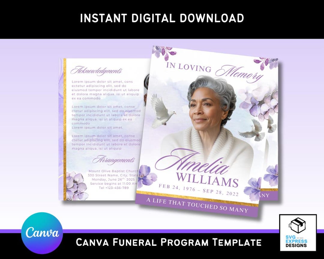 Watercolor Funeral Program Template | Purple & White Floral Bi-fold ...