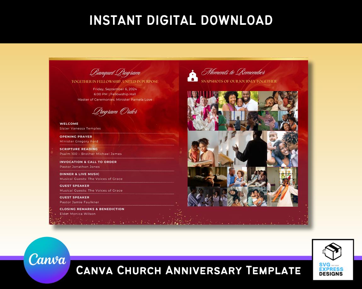 Red & Gold Church Anniversary Program Template: 17x11 Bifold Brochure ...