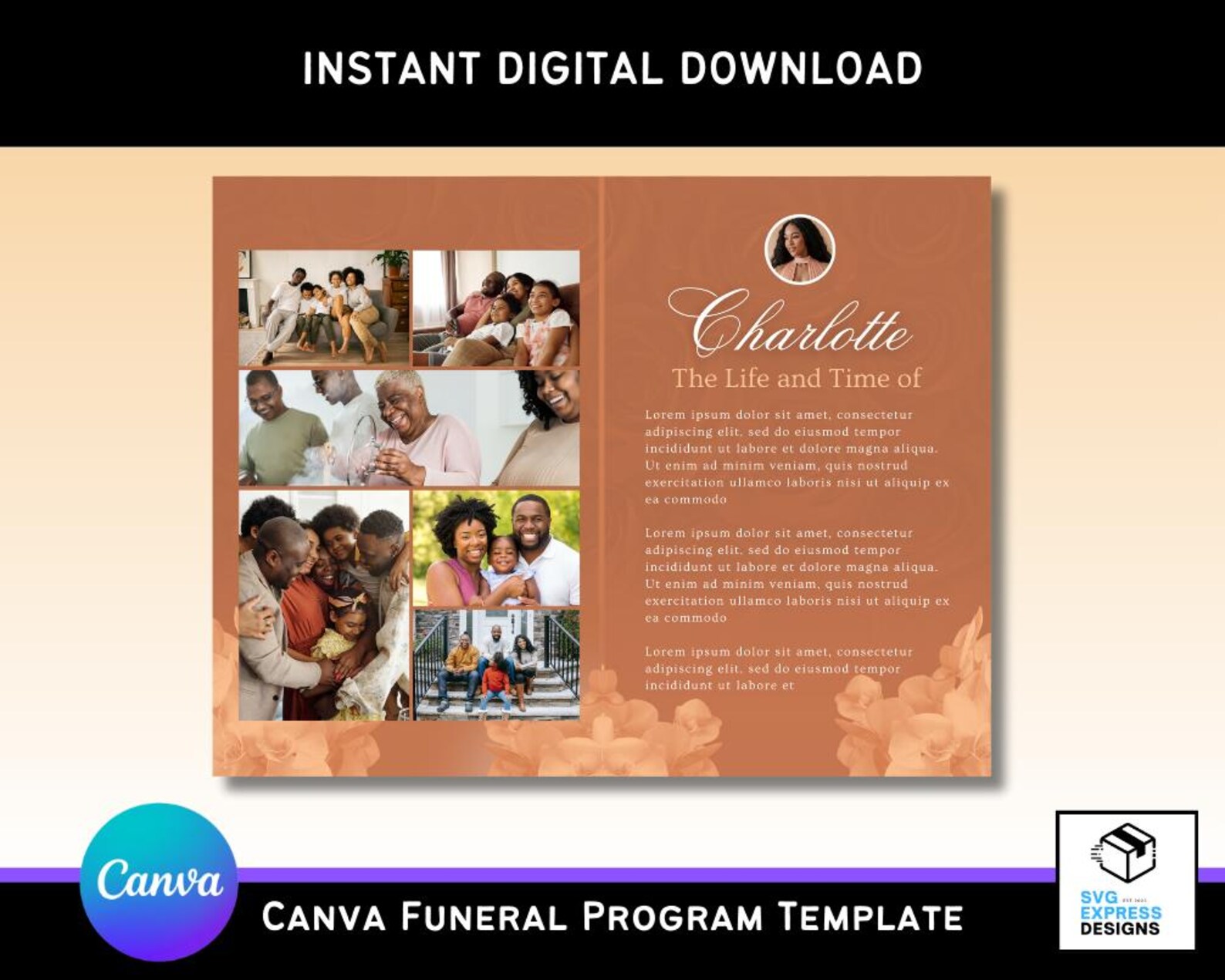 Peach Canva Funeral Program Template – Elegant Bi-fold Brochure (11x8.5 ...