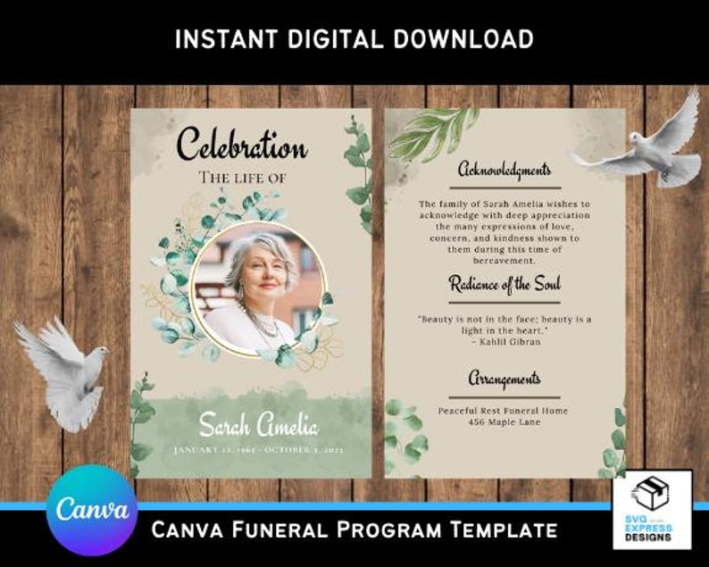 Canva Funeral Program Template - Green & Brown - Eucalipto Bi-fold ...