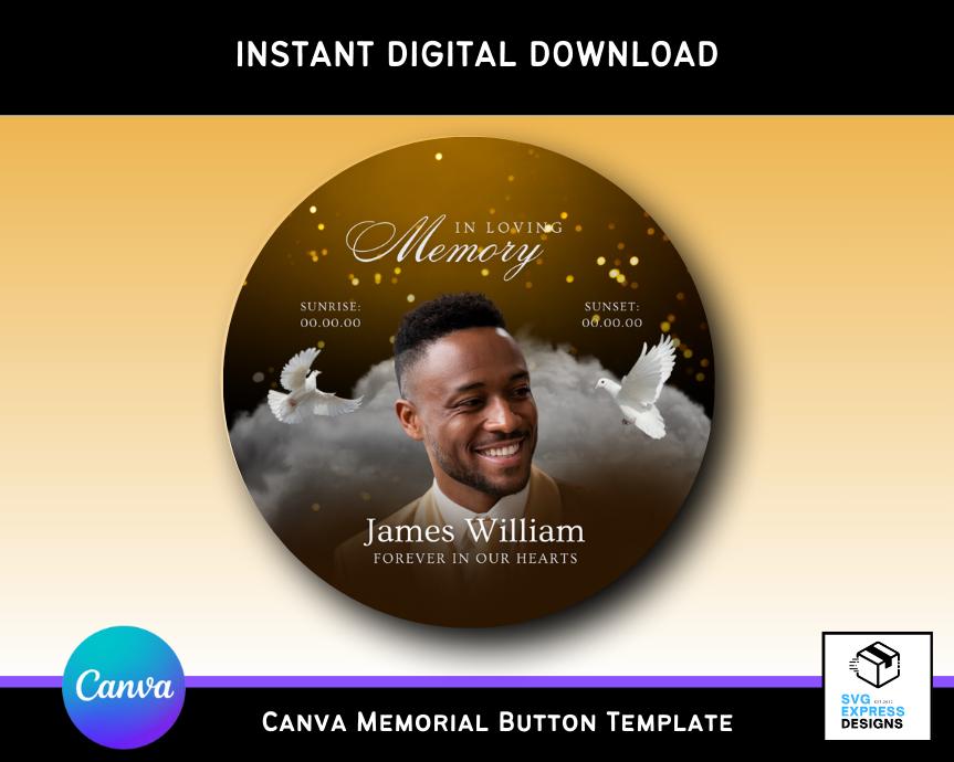 Editable Dark Gold Memorial Button Template | Canva RIP Keepsake | 3x3 ...