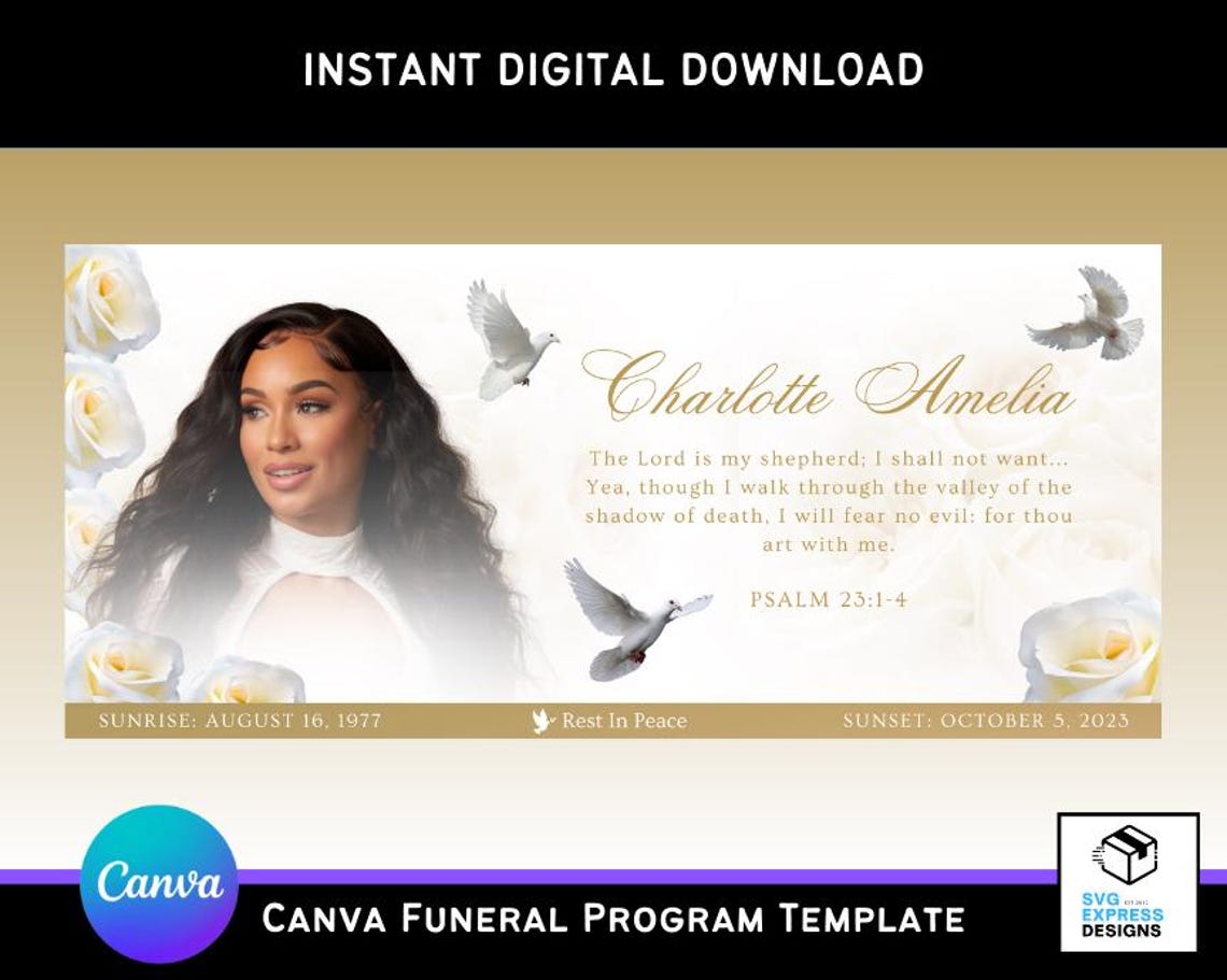White Roses Funeral Casket Panel Canva Template | 31x14 in Editable ...