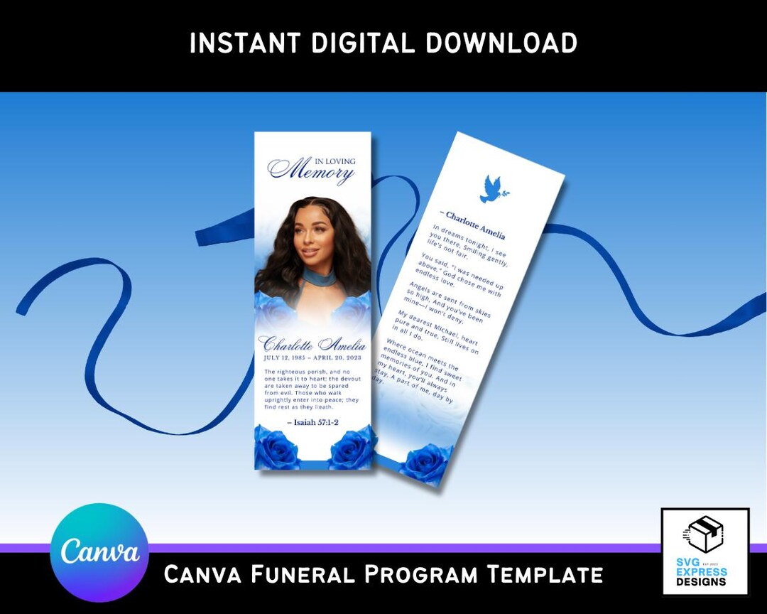 Blue Roses Memorial Bookmark Template: Elegant Funeral Keepsake (canva ...