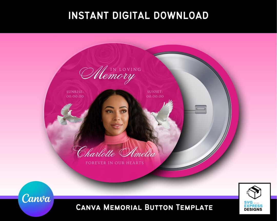 Editable Bright Pink Memorial Button Template | Canva RIP Keepsake ...