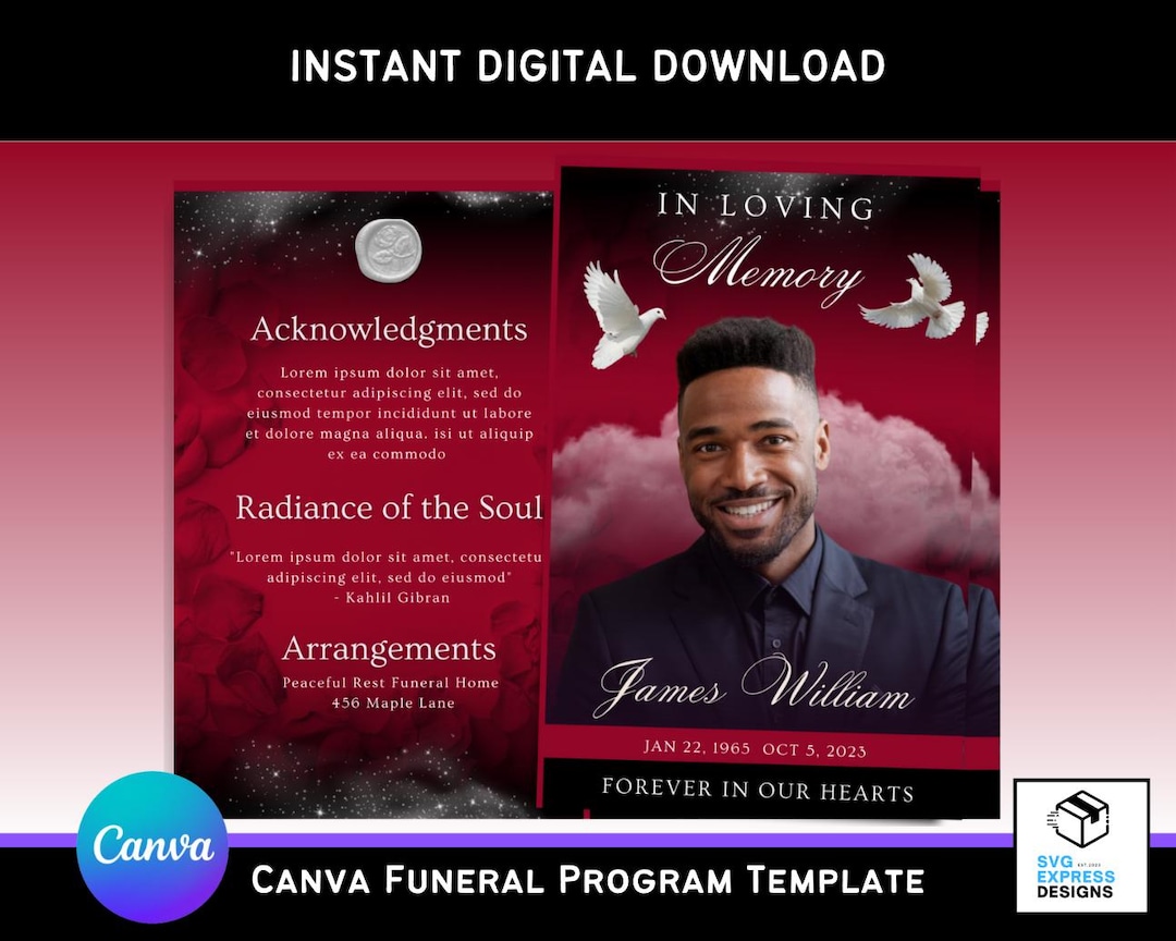 Elegant Black & Red Funeral Program Template: Bi-fold Obituary (digital ...