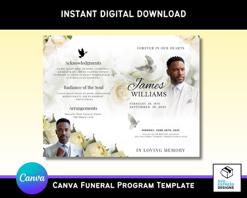 Elegant Funeral Program Template: White Roses, Black Dove (canva, 11x8 ...