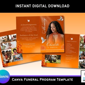 Orange Canva Funeral Program Template – Elegant Bi-fold Brochure (11x8 ...