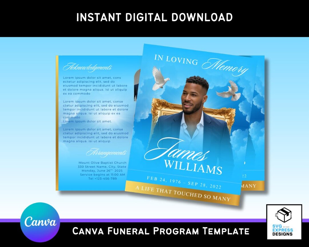 Elegant Funeral Program Template: Blue Skies & Gold, Bi-fold (17x11 In ...