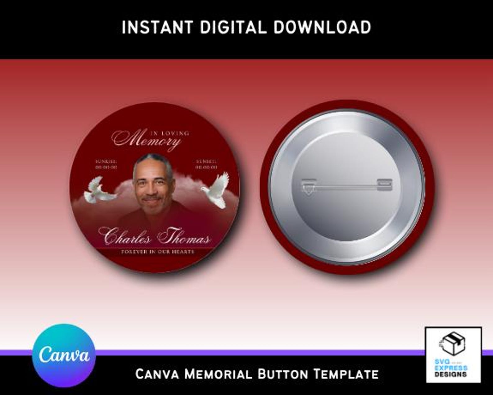 Editable Maroon Memorial Button Template | Canva RIP Keepsake | 3x3 ...