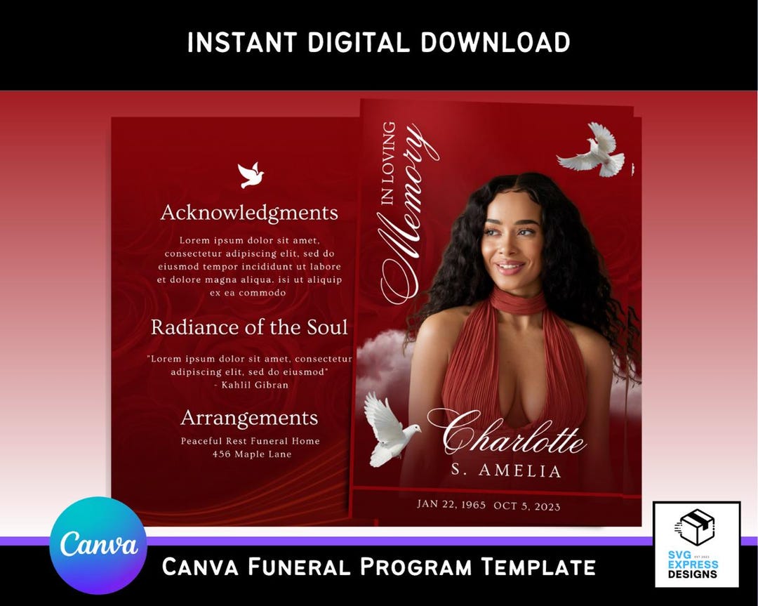 Deep Maroon Canva Funeral Program Template – Elegant Bi-fold Brochure ...
