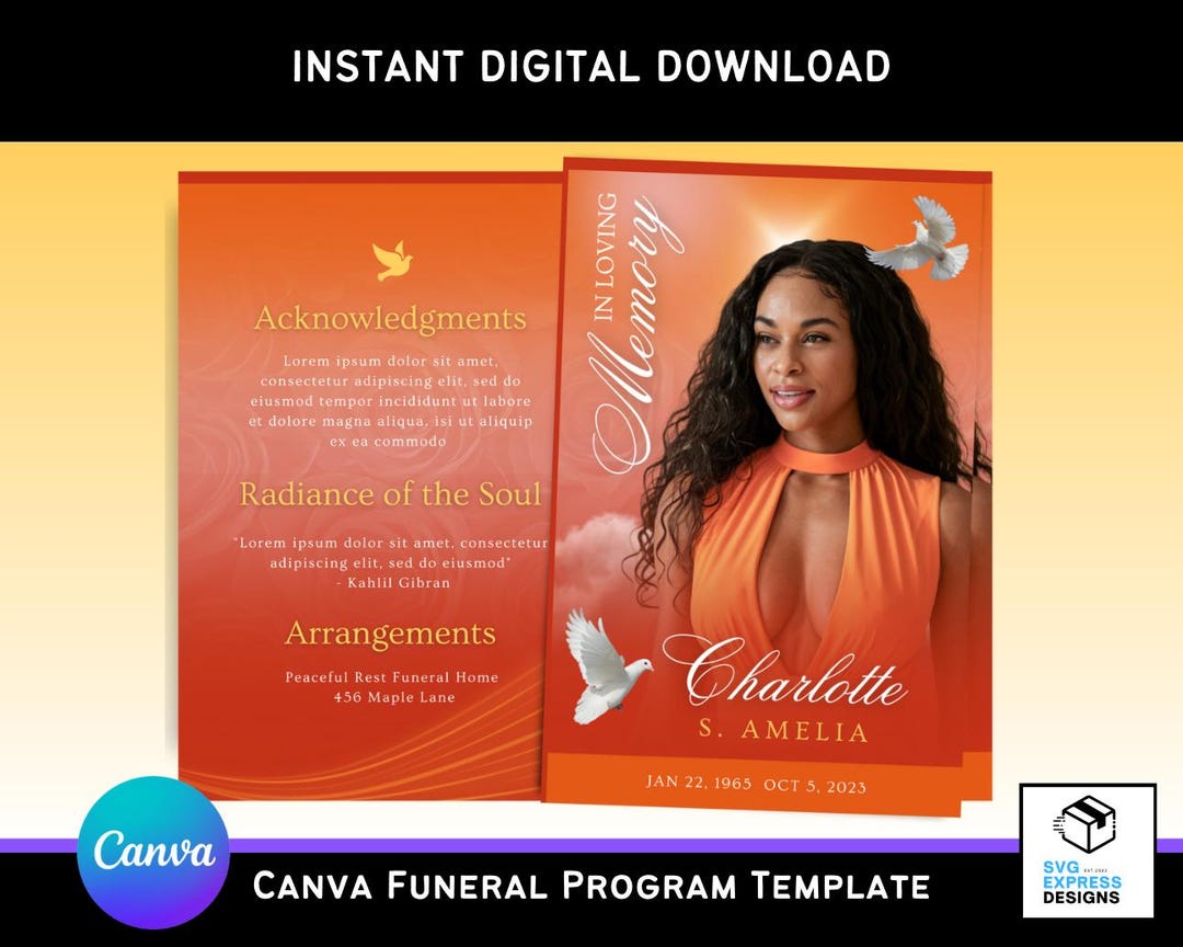 Bright Orange Canva Funeral Program Template – Elegant Bi-fold Brochure ...