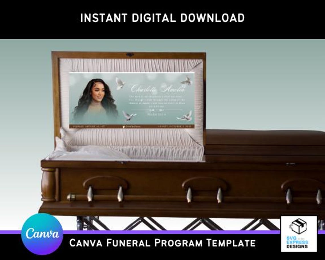 Dusty Teal and Brown Funeral Casket Panel Canva Template | 31x14 in ...