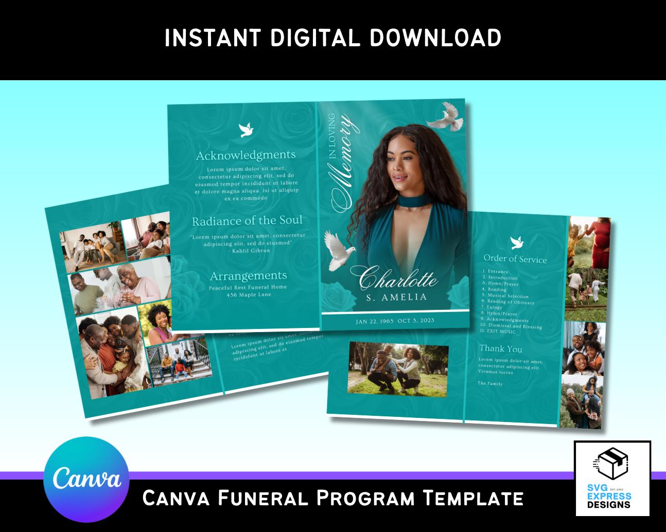 Teal Green Canva Funeral Program Template – Elegant Bi-fold Brochure ...