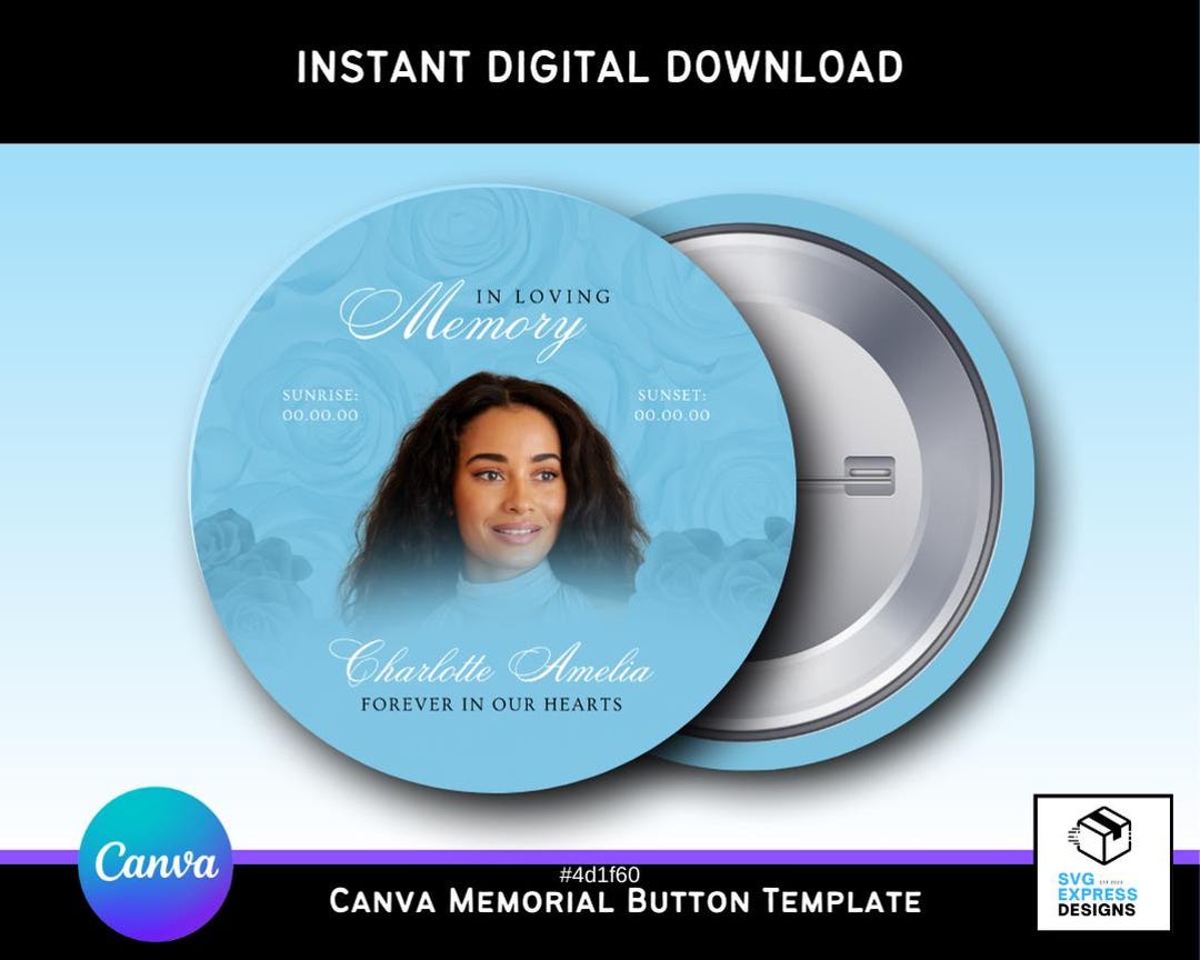 Editable Sky Blue Memorial Button Template | Canva RIP Keepsake | 3x3 ...