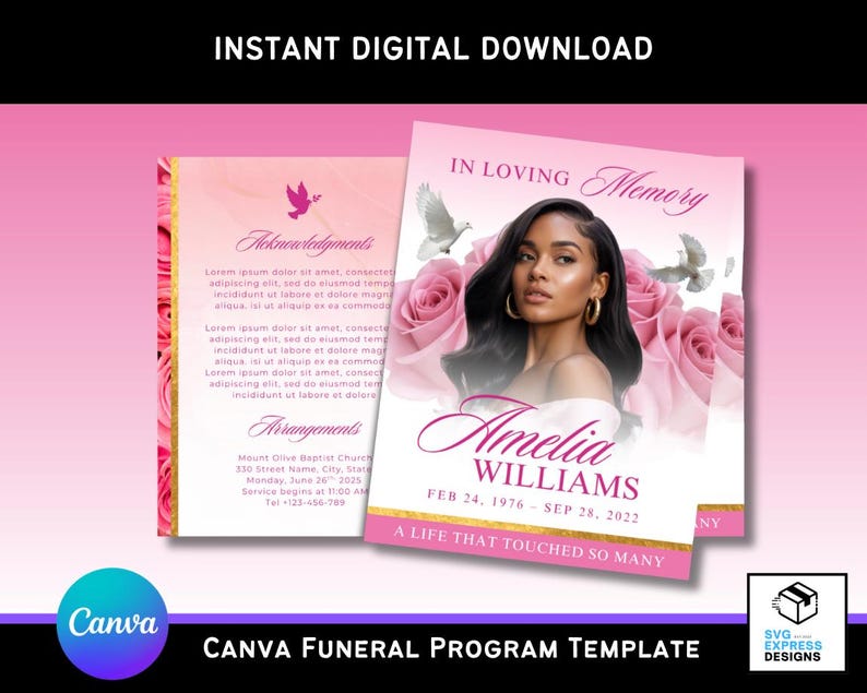 Elegant Pink Flower Funeral Program Template: Bi-fold Brochure (canva ...