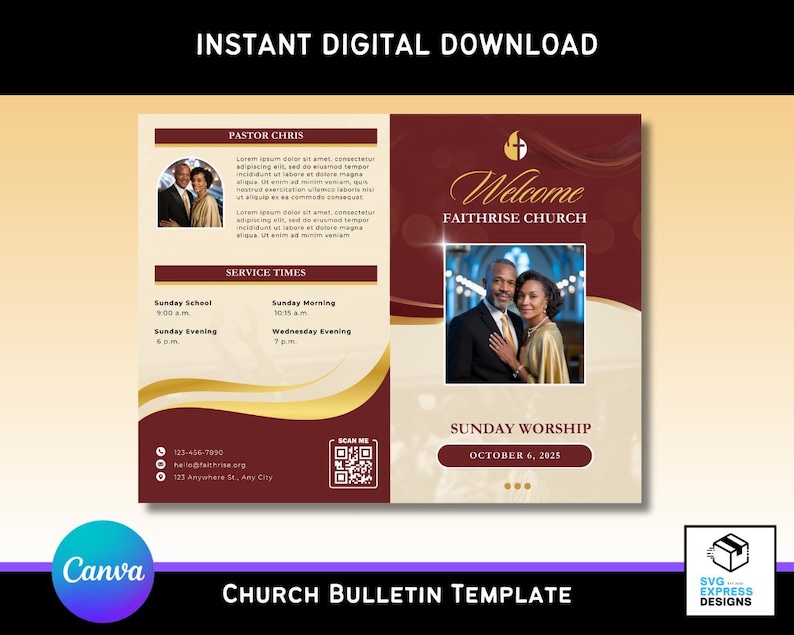 Editable Church Bulletin Template: Modern Red Brown & Gold Bifold ...