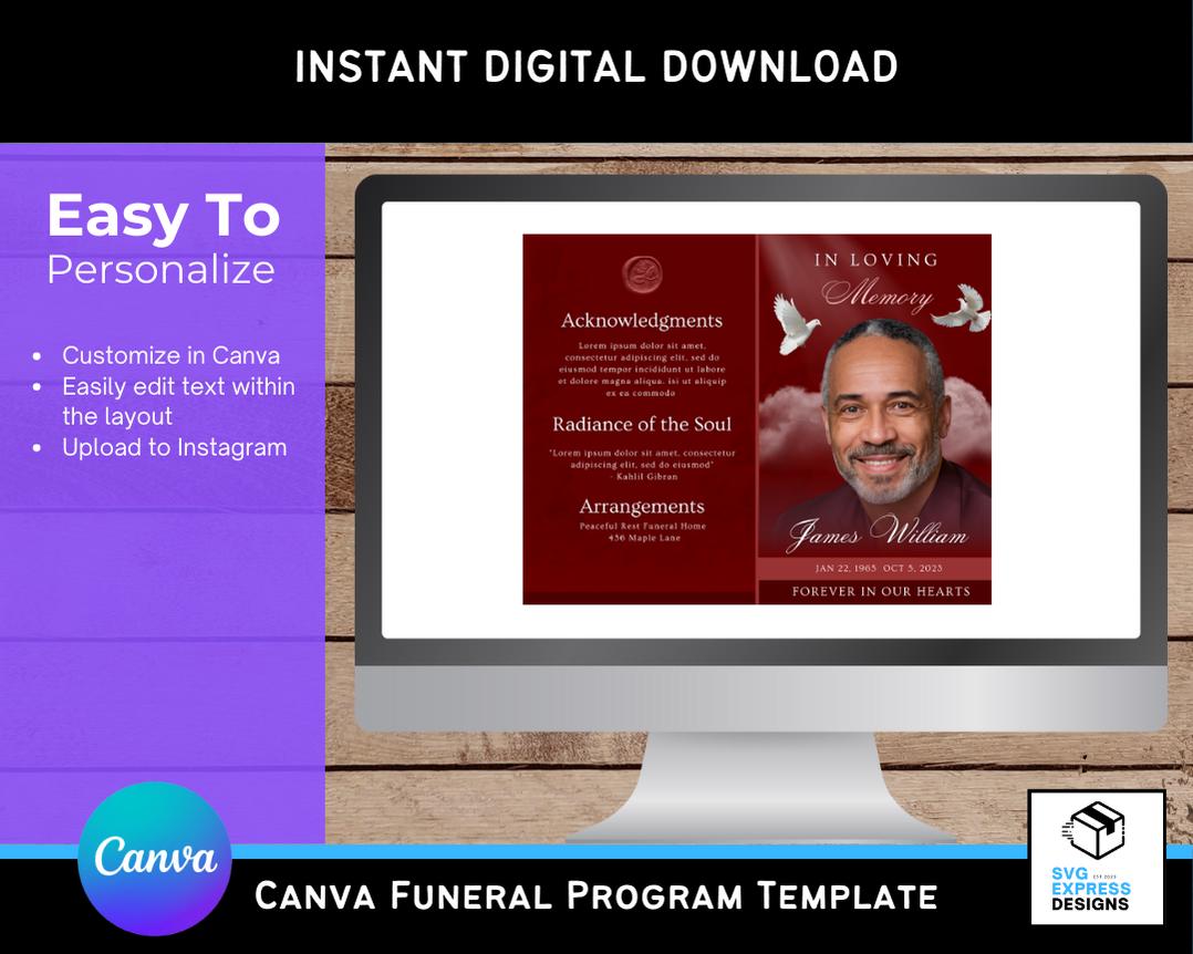 Maroon Canva Funeral Program Template – Elegant Bi-fold Brochure (11x8 ...