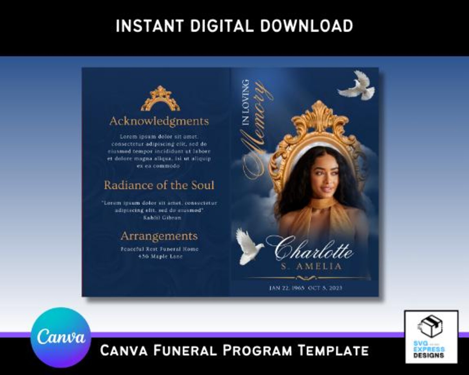 Navy Blue Funeral Program Template: Elegant Bi-fold Brochure (canva ...