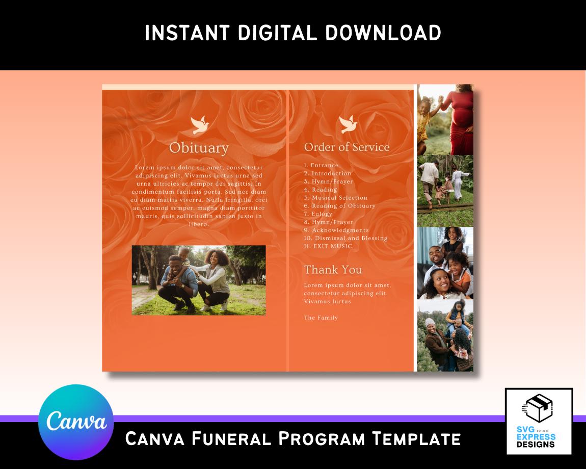 Bright Peach Canva Funeral Program Template – Elegant Bi-fold Brochure ...