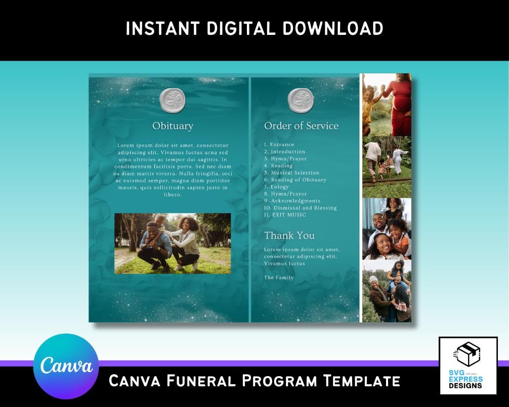 Turquoise Canva Funeral Program Template – Elegant Bi-fold Brochure ...