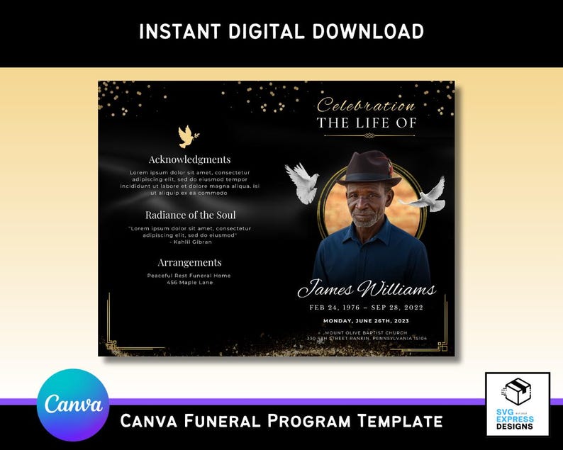 Editable Canva Funeral Program Template, Black and Gold Memorial ...