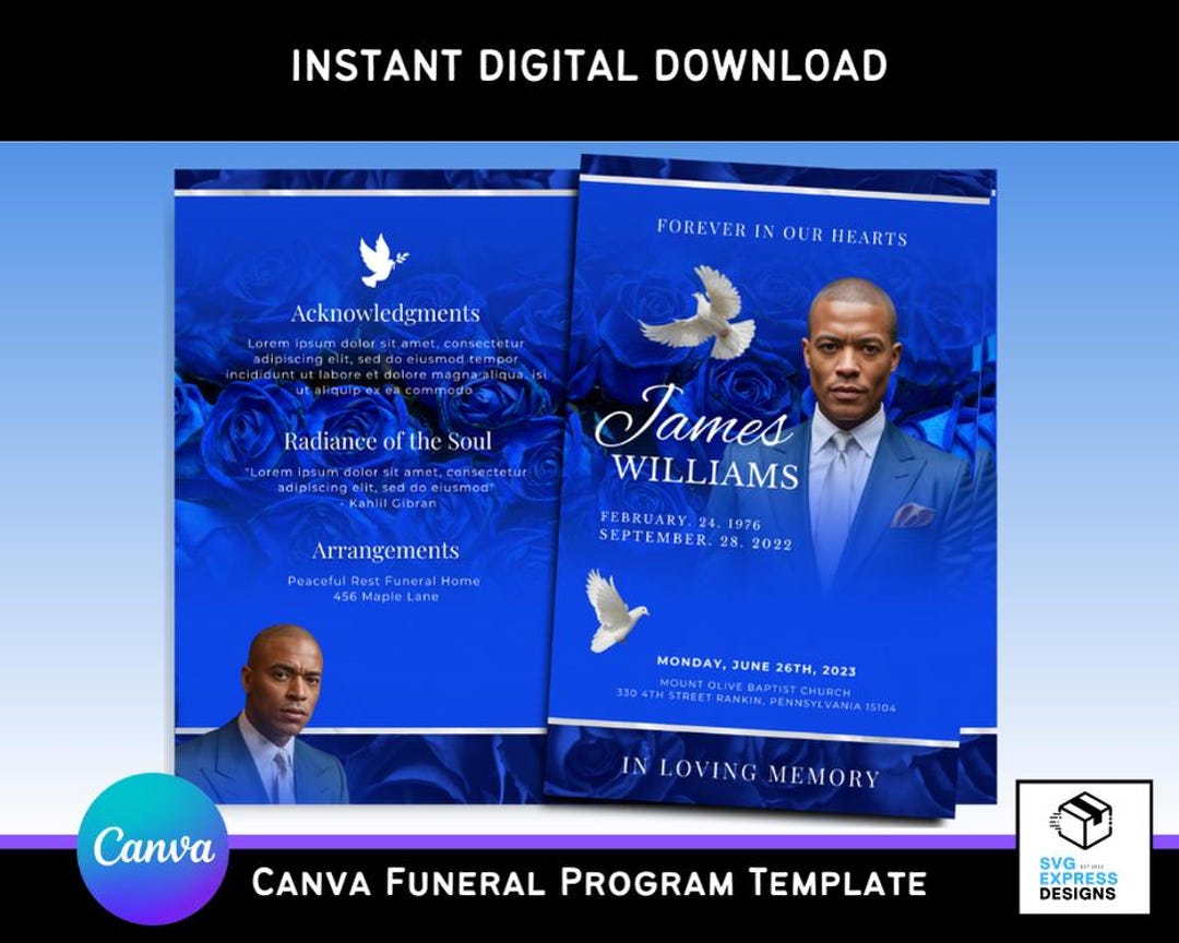 Blue Roses Funeral Program Template: Elegant Bi-fold Brochure (canva ...