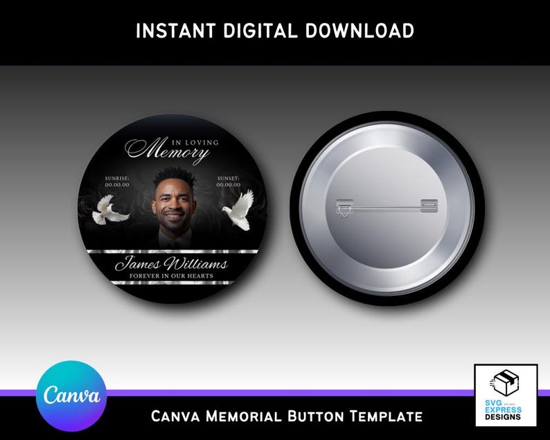 Editable Silver and Black Memorial Button Template | Canva RIP Keepsake ...
