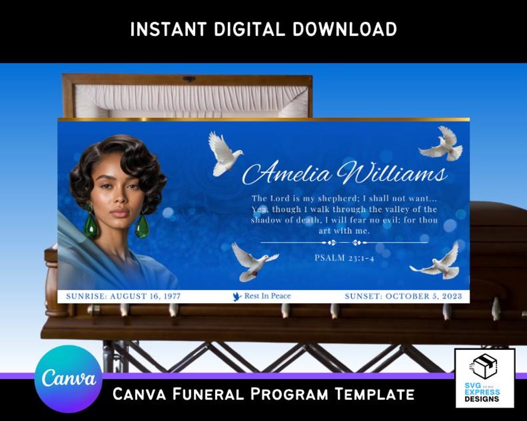Deep Blue Cloud Funeral Casket Panel Canva Template | 31x14 in Editable Memorial Insert ...