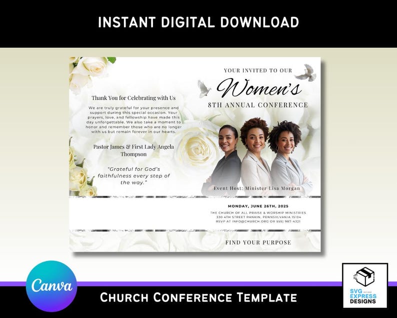 Women's Church Conference Program Template: White Roses, Editable Bi ...