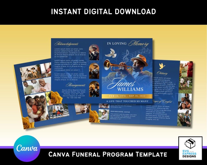 Blue & Gold Music Funeral Program Template – Canva Bi-fold (digital ...