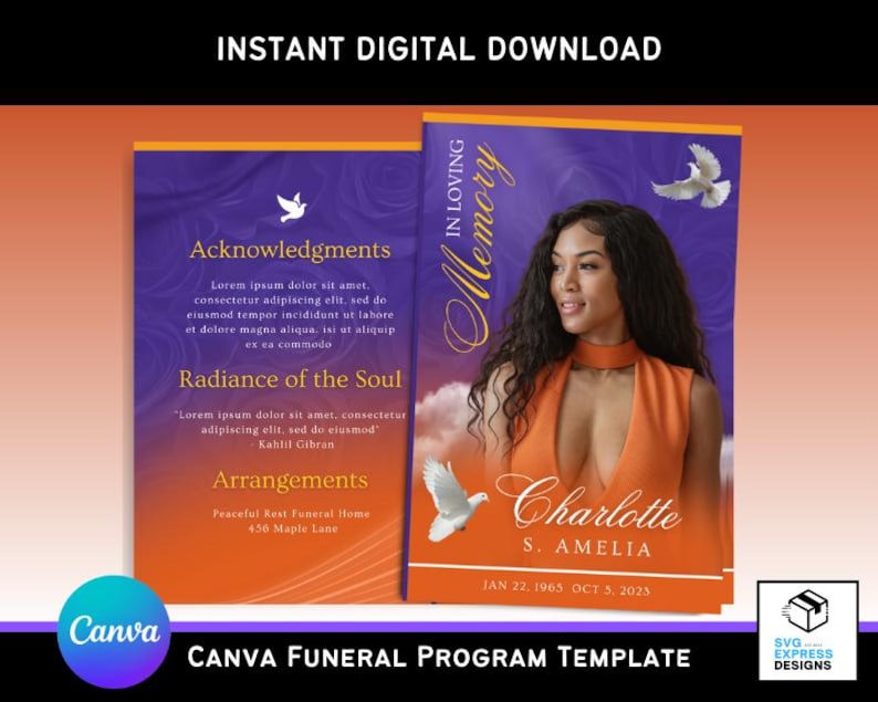 Orange and Purple Canva Funeral Program Template – Elegant Bi-fold ...
