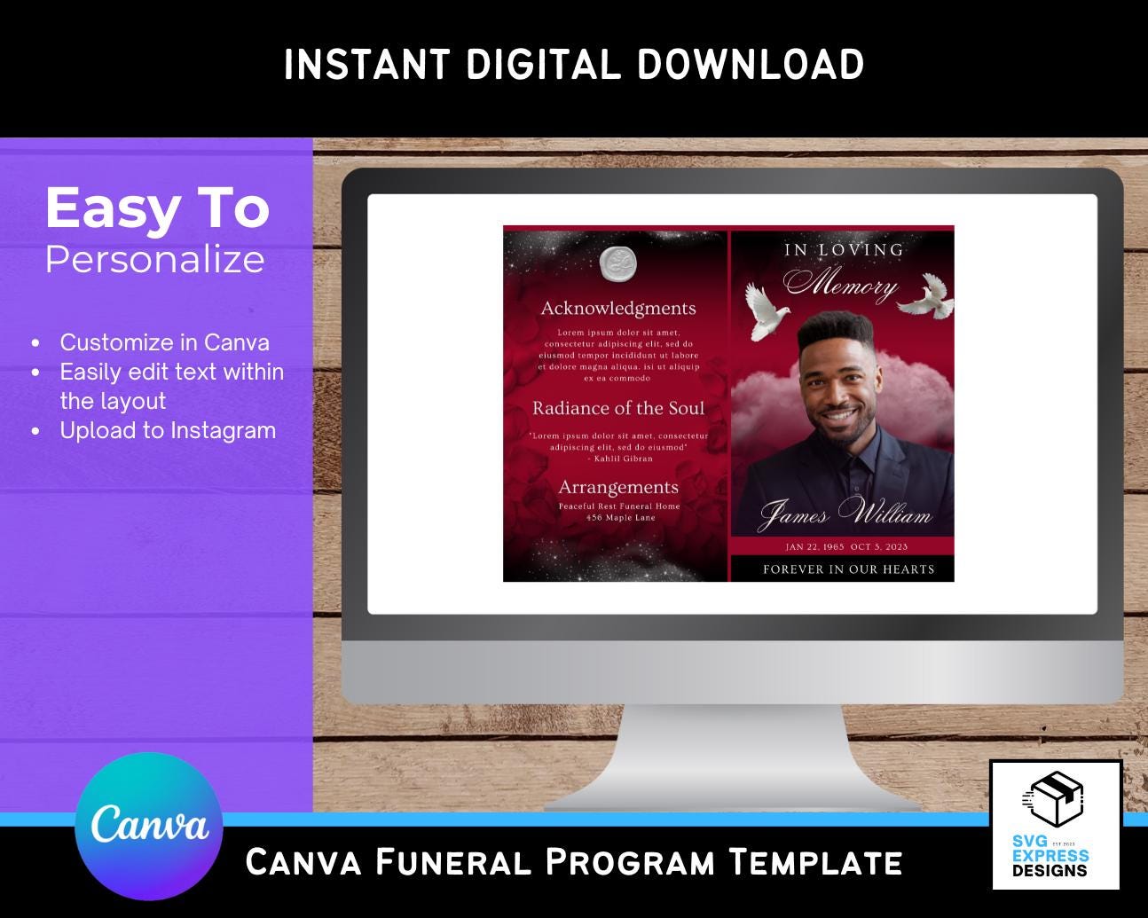 Elegant Black & Red Funeral Program Template: Bi-fold Obituary (digital ...