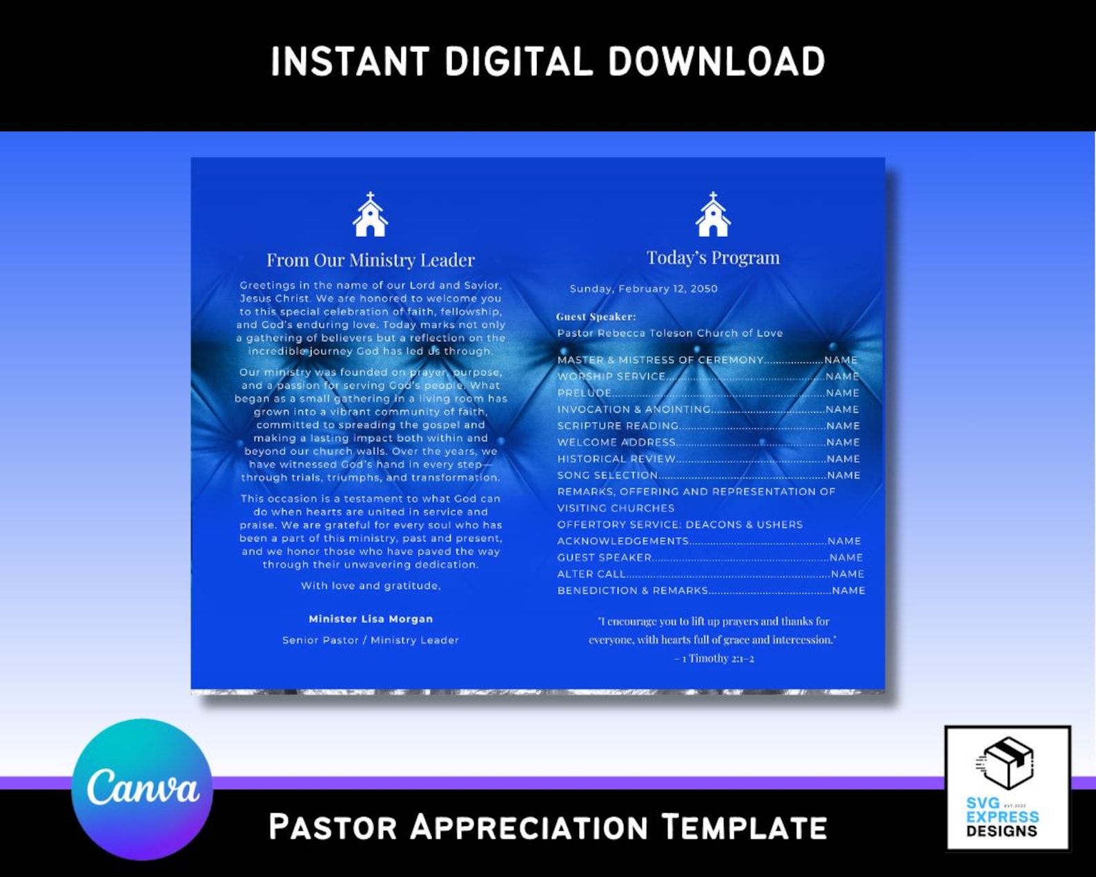 Editable Pastor Appreciation Program Template: Blue & Silver Church ...