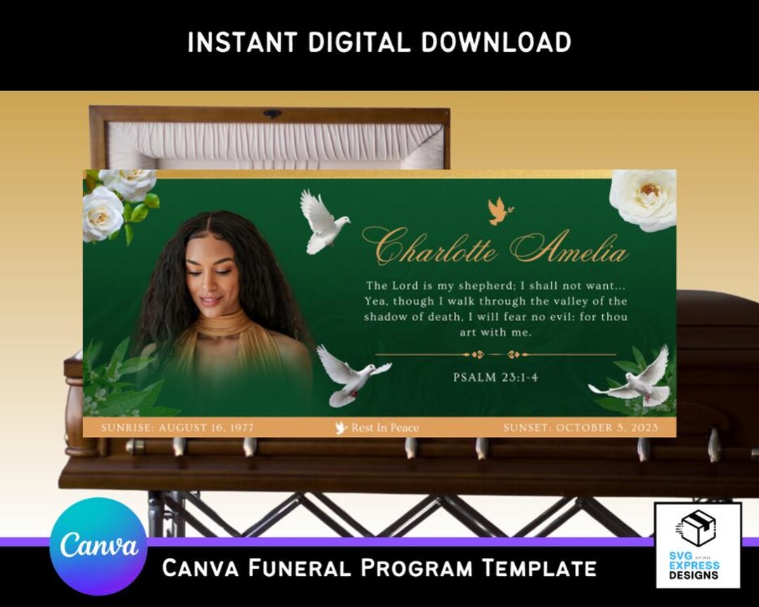 Hunter Green Funeral Casket Panel Canva Template | 31x14 in Editable ...