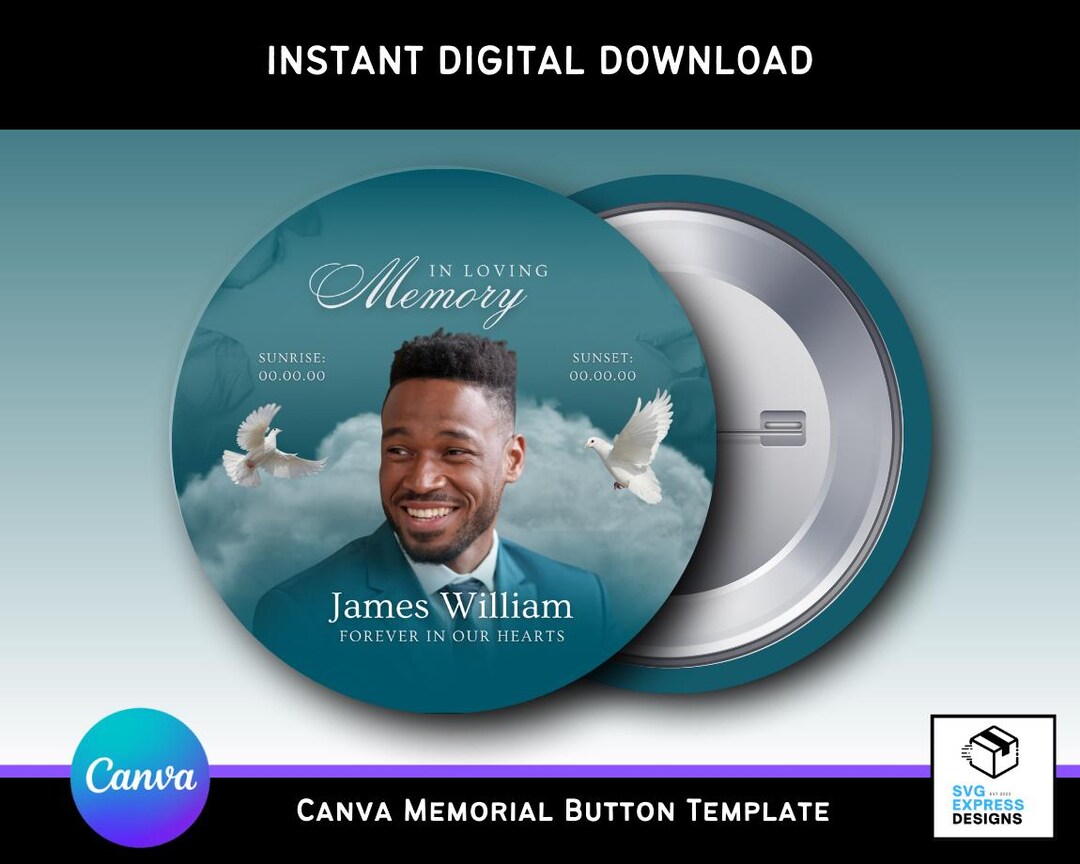 Editable Teal and White Memorial Button Template | Canva RIP Keepsake ...