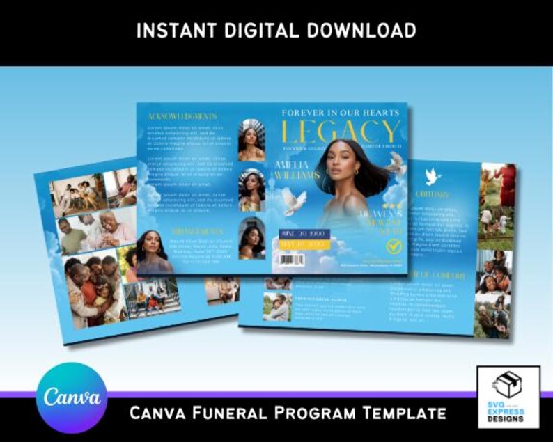 Elegant Funeral Program Template: Sky Blue Magazine Style Bi-fold ...