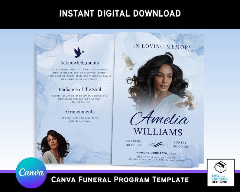Light Blue Cloud Funeral Program Template: Bi-fold Brochure (canva ...