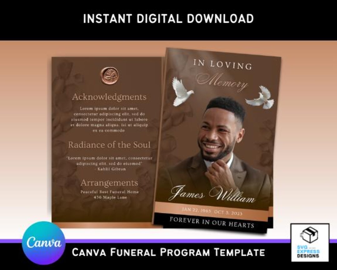 Brown Canva Funeral Program Template – Elegant Bi-fold Brochure (11x8.5 ...